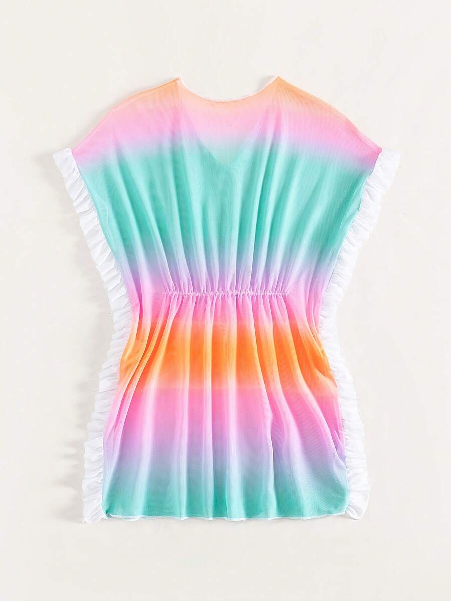 Tween Girl Ombre Ruffle Trim Knot Front Cover Up Bathing Suit Beach ...