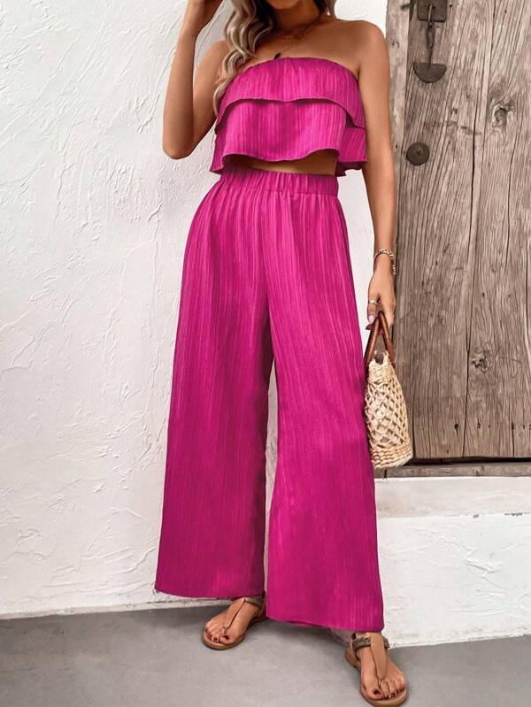 SHEIN VCAY Ruffle Trim Tube Top & Wide Leg Pants | SHEIN USA