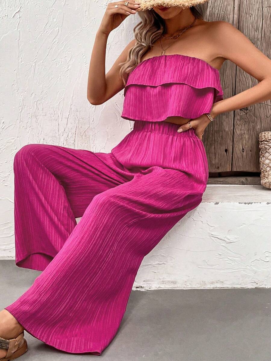 SHEIN Holidaya Ruffle Trim Tube Top & Wide Leg Pants | SHEIN USA