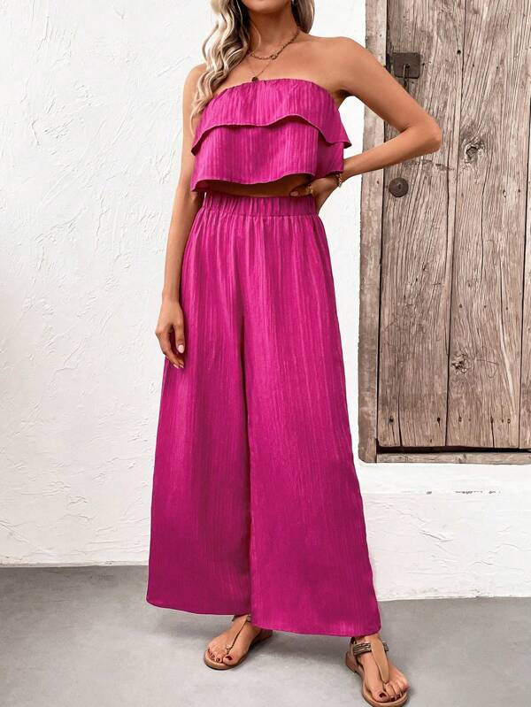 SHEIN VCAY Ruffle Trim Tube Top & Wide Leg Pants | SHEIN USA