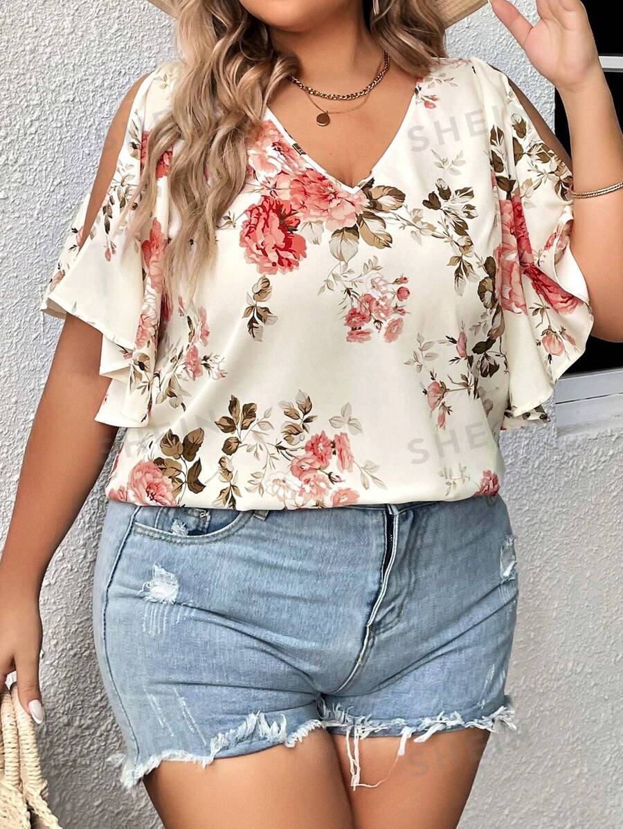 SHEIN Clasi Plus Floral Print Split Sleeve Blouse | SHEIN UK