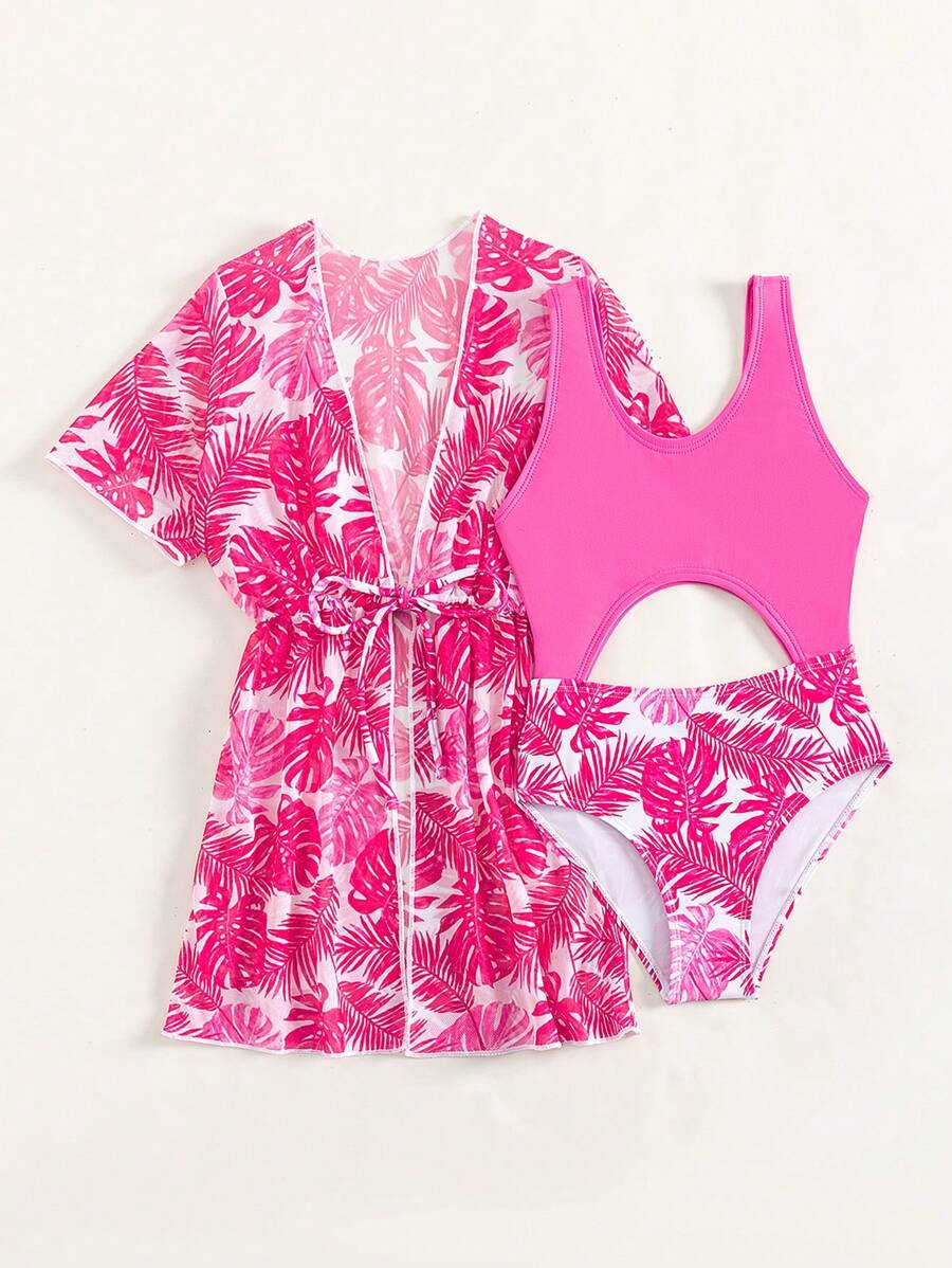 Young Girl Tropical Print Cut Out One Piece Swimsuit With Kimono