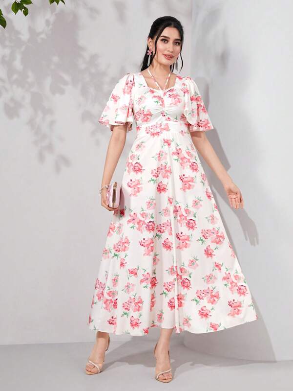 SHEIN Mulvari Floral Print Butterfly Sleeve Dress | SHEIN USA