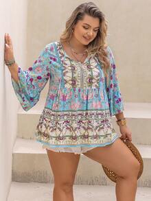 Boho Bloemen Volledig geprint Grote maat blouse Geribd Knoop Vooraan | SHEIN Nederland