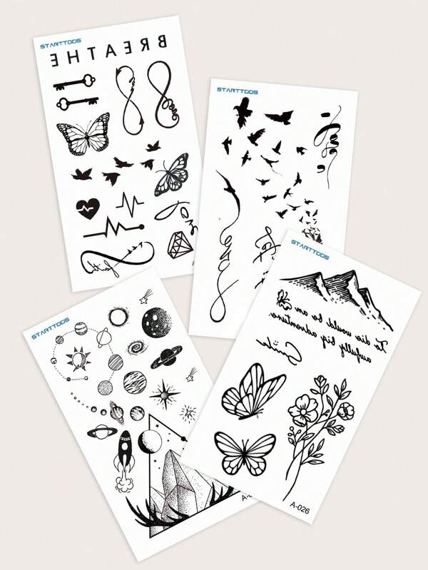 4Sheets Letter & Mountain Print Tattoo Sticker Clavicle Wrist Body ...