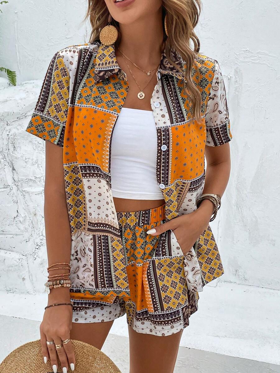 SHEIN VCAY Patchwork Print Shirt & Shorts | SHEIN USA