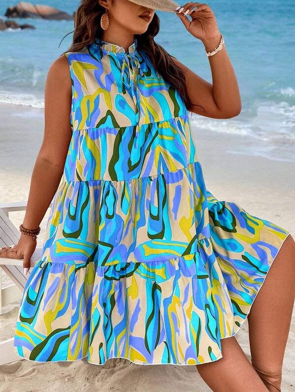 Shein Lune Plus Allover Print Tie Neck Ruffle Hem Smock Dress Shein Usa