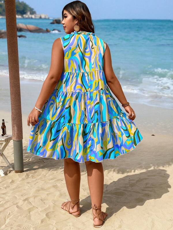 Shein Lune Plus Allover Print Tie Neck Ruffle Hem Smock Dress Shein Usa