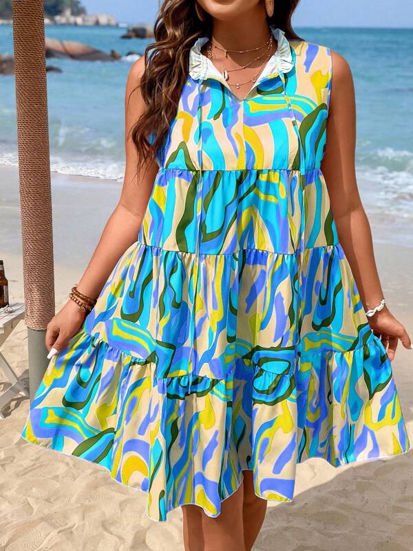 Shein Lune Plus Allover Print Tie Neck Ruffle Hem Smock Dress Shein Usa