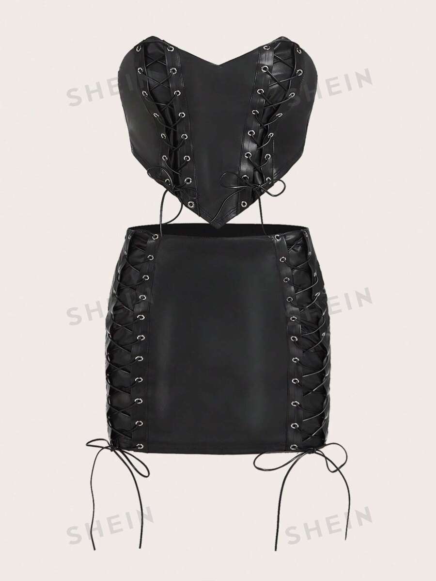 SHEIN ICON Lace Up PU Leather Tube Top & Bodycon Skirt | SHEIN UK