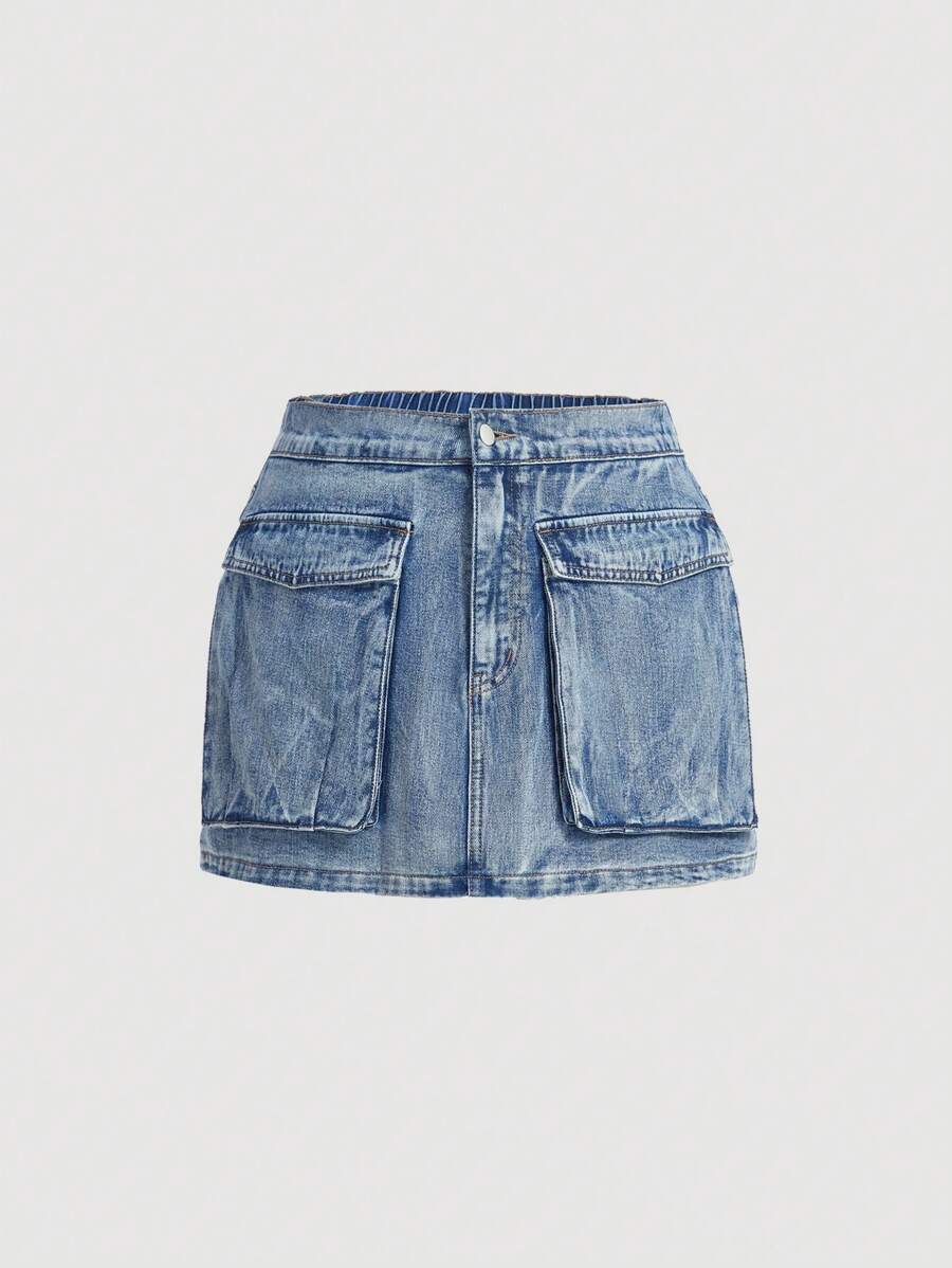 SHEIN Plus Flap Pocket Denim Skort | SHEIN USA