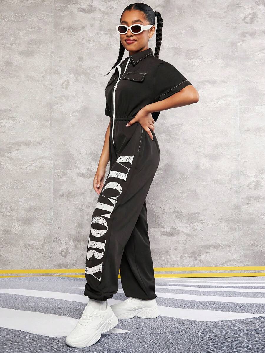 SHEIN วัยรุ่นหญิง จั๊มสูท กราฟฟิค ตัวอักษร รายละเอียด พนัง ไหล่ตก | SHEIN TH