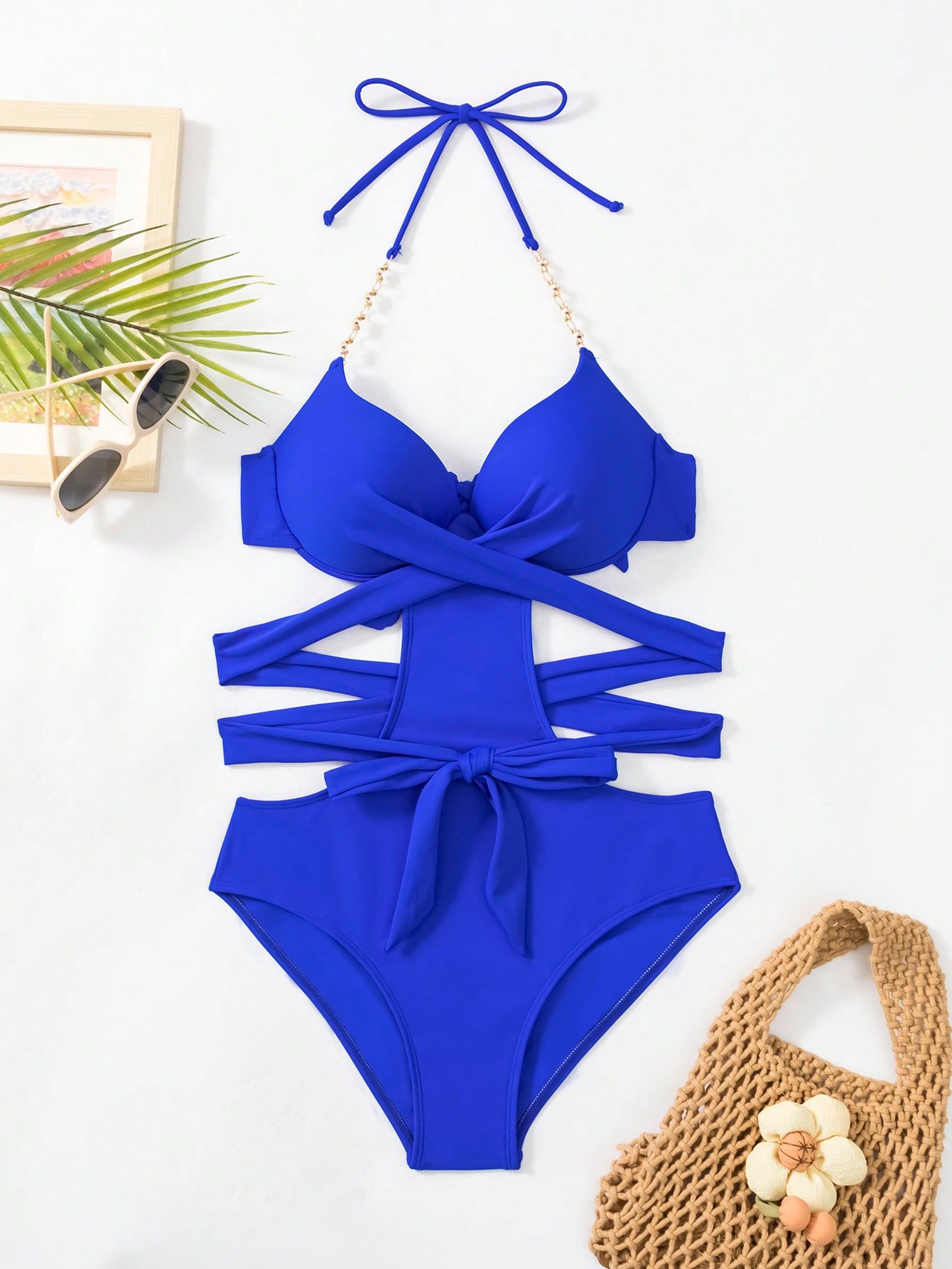 Chain Linked Wrap Cross Push Up One Piece Swimsuit Shein Usa