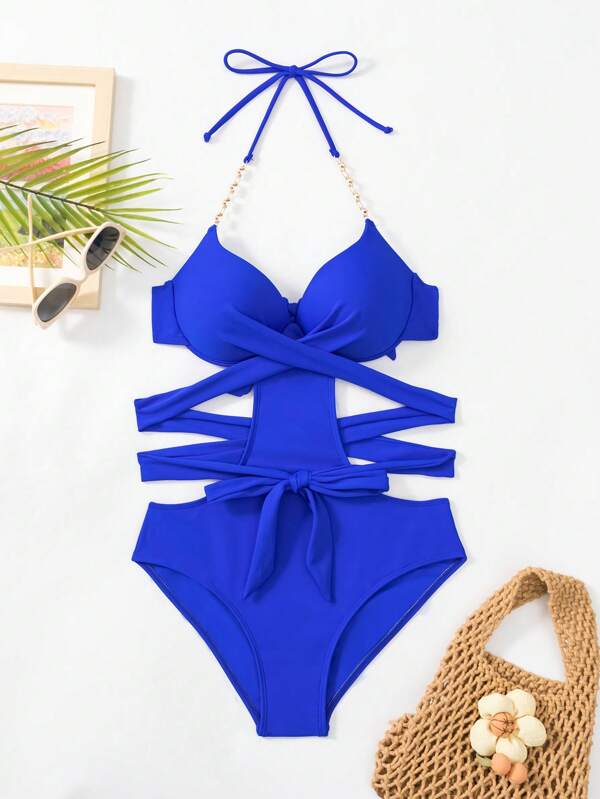 Chain Linked Wrap Cross Push Up One Piece Swimsuit Shein Usa
