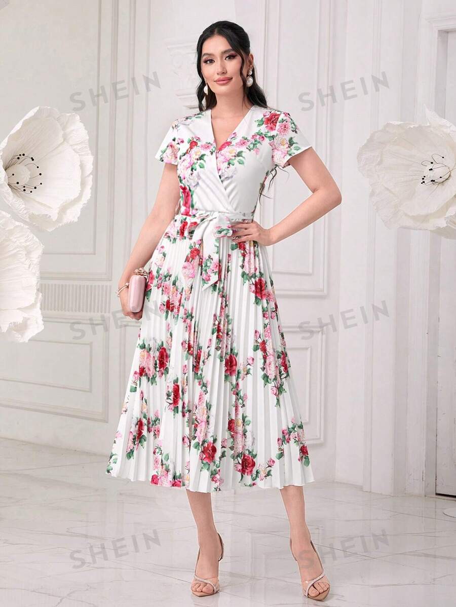 SHEIN Modely Floral Print Pleated Hem Belted Dress | SHEIN USA