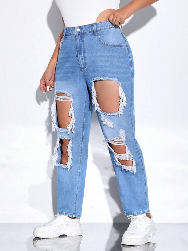 Shein Ezwear Plus High Waist Ripped Cut Out Mom Fit Jeans Shein Usa