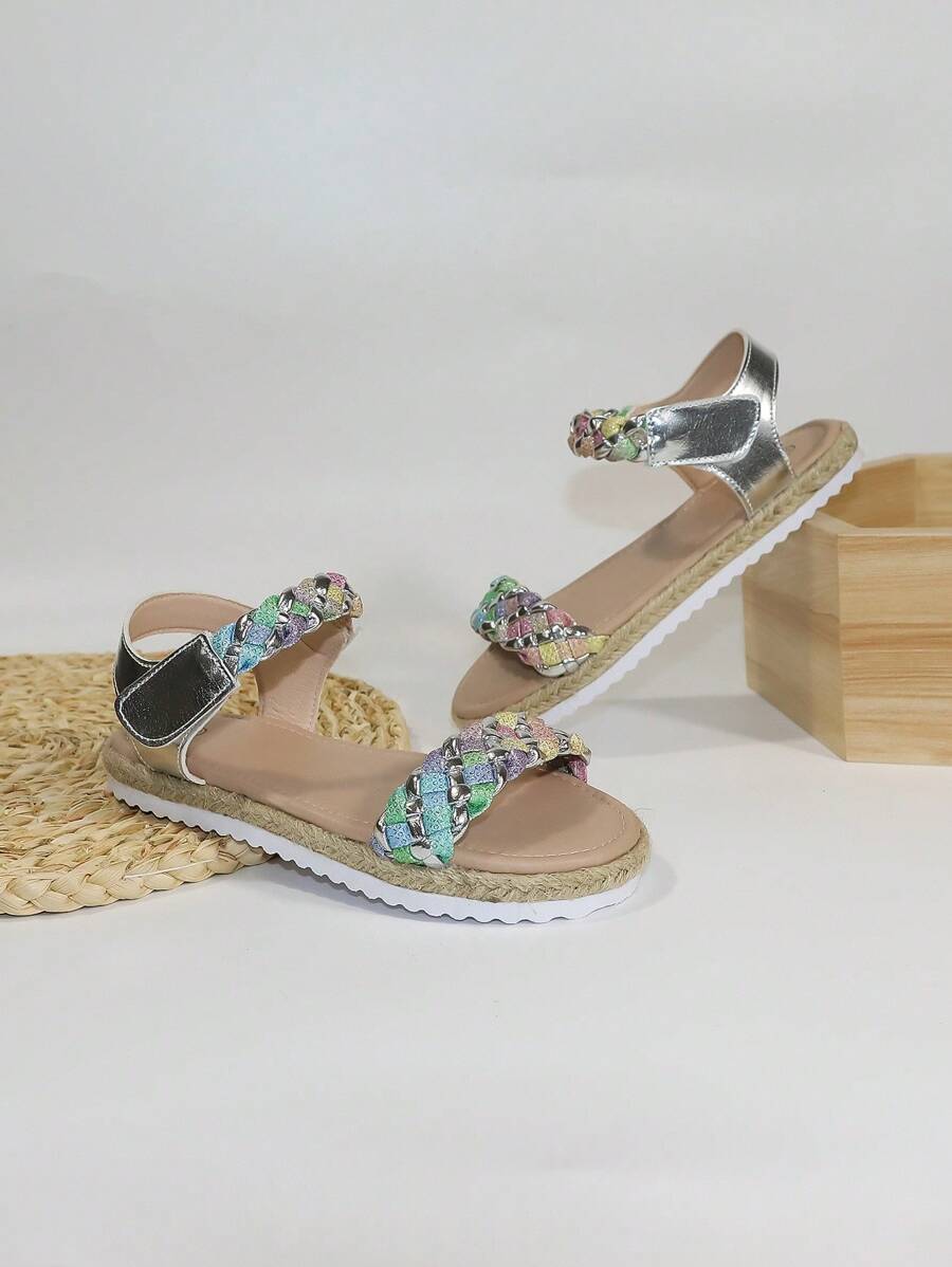 Girls Single Band Braided Detail Hook-and-loop Fastener Open Toe Ankle ...
