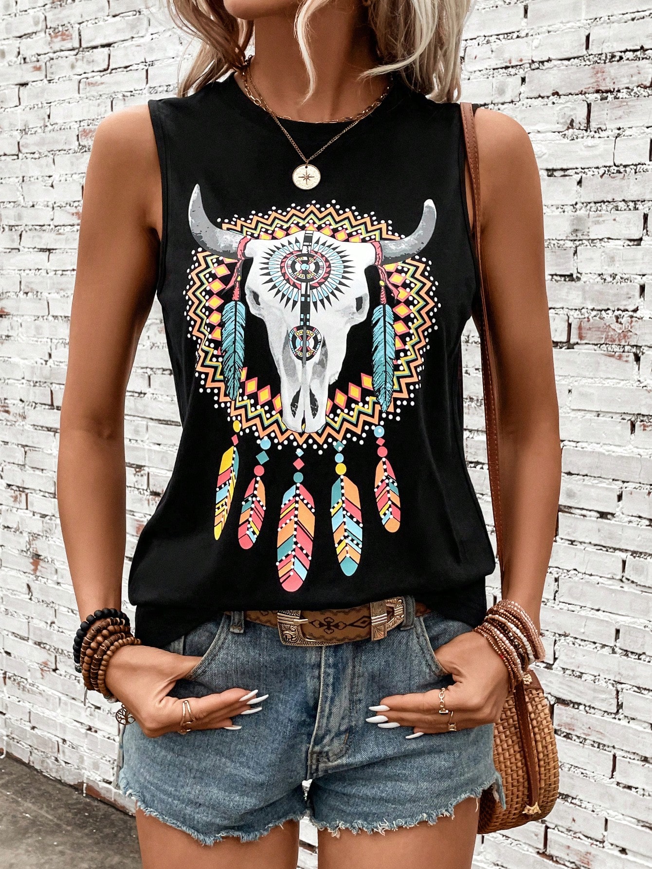 Shein Lune Top Tank Ganado And Con Estampado De Pluma Moda De Mujer