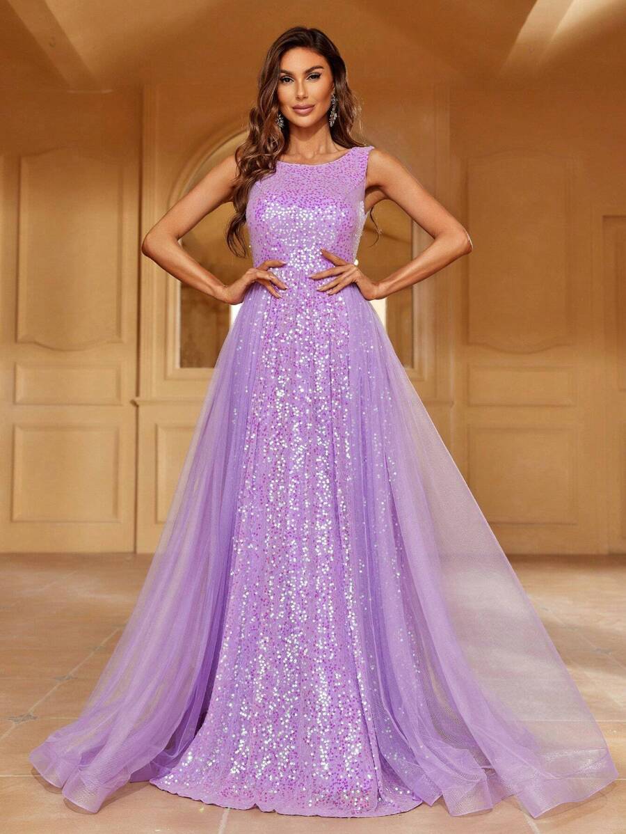 Contrast Sequin Mesh Overlay Formal Dress | SHEIN USA