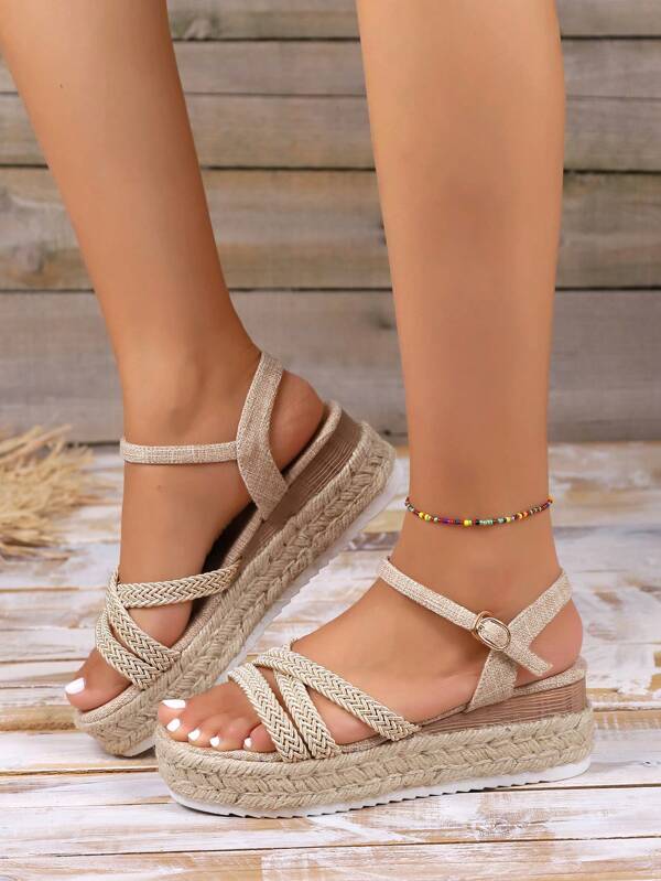 Women Braided Detail Criss Cross Espadrille Sandals Vacation Fashionable Ankle Strap Wedge