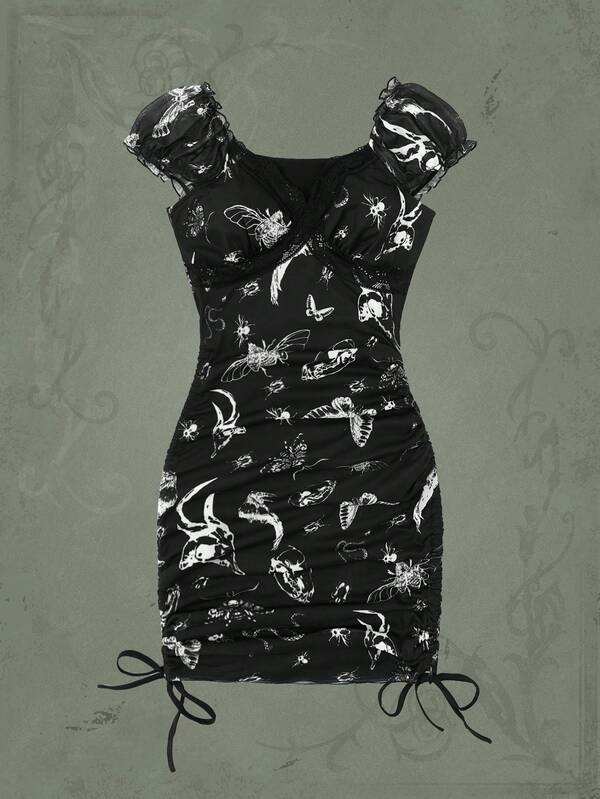 Goth Insects Print Drawstring Ruched Dress | SHEIN USA