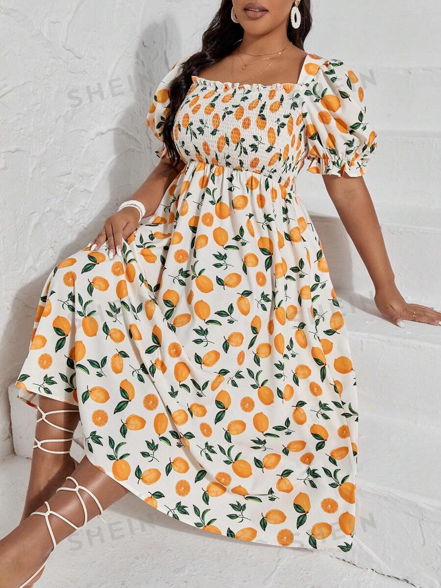 Shein Wywh Plus Fruit Print Square Neck Puff Sleeve Dress Shein Uk