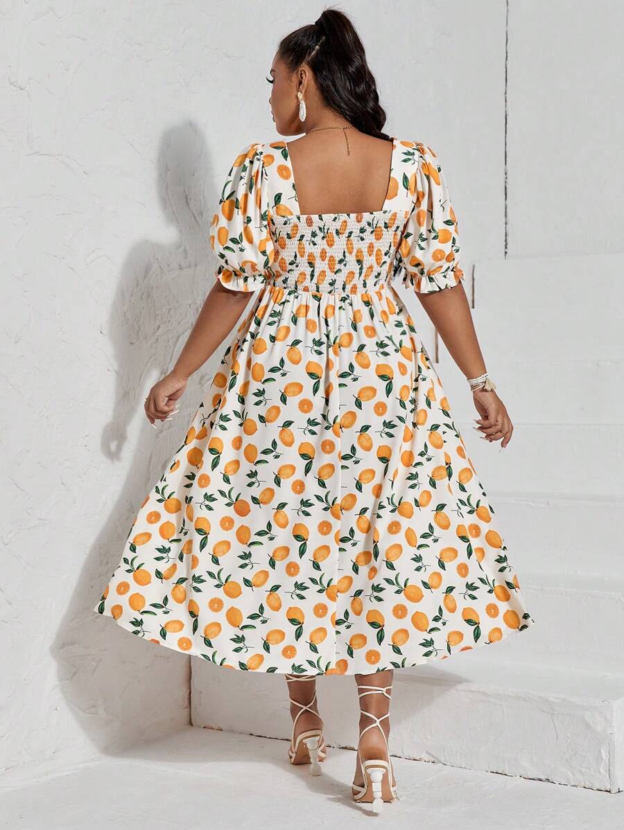 SHEIN WYWH Plus Size Boho Fruit Print Square Neck Puff Sleeve Dress ...