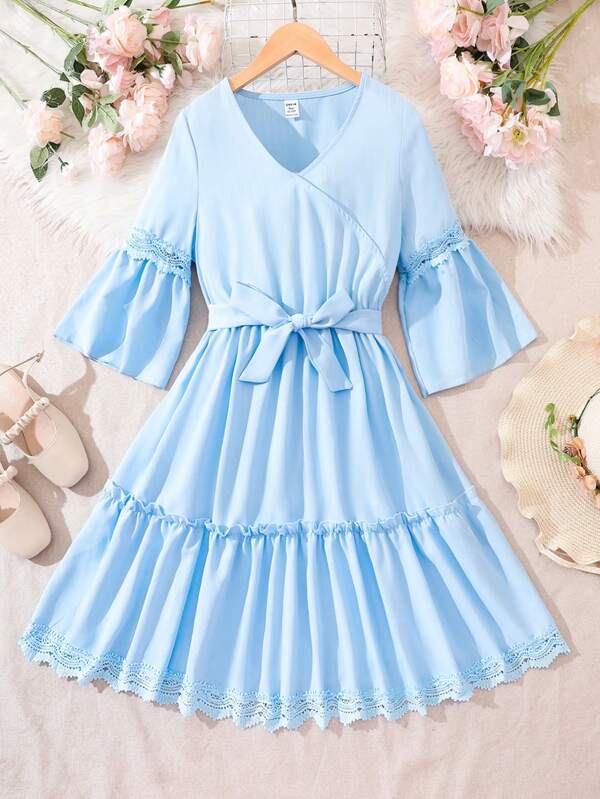 SHEIN Fille adolescente Robe en dentelle manches évasées à volants ...