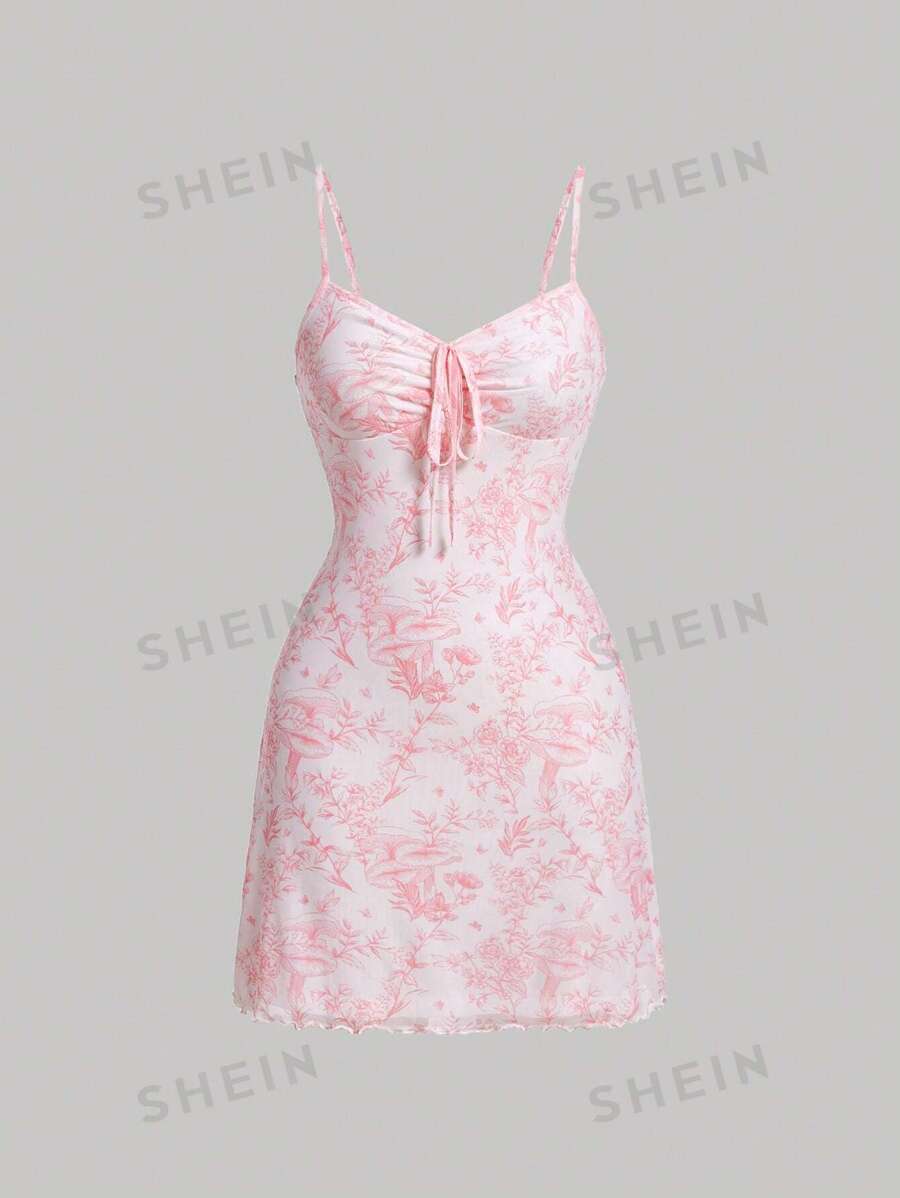SHEIN MOD Floral Print Drawstring Front Cami Net Pink Mini Dress ...