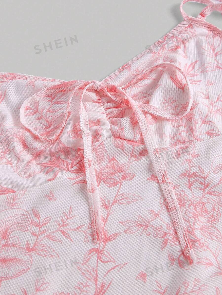 SHEIN MOD Floral Print Drawstring Front Cami Net Pink Mini Dress | SHEIN UK