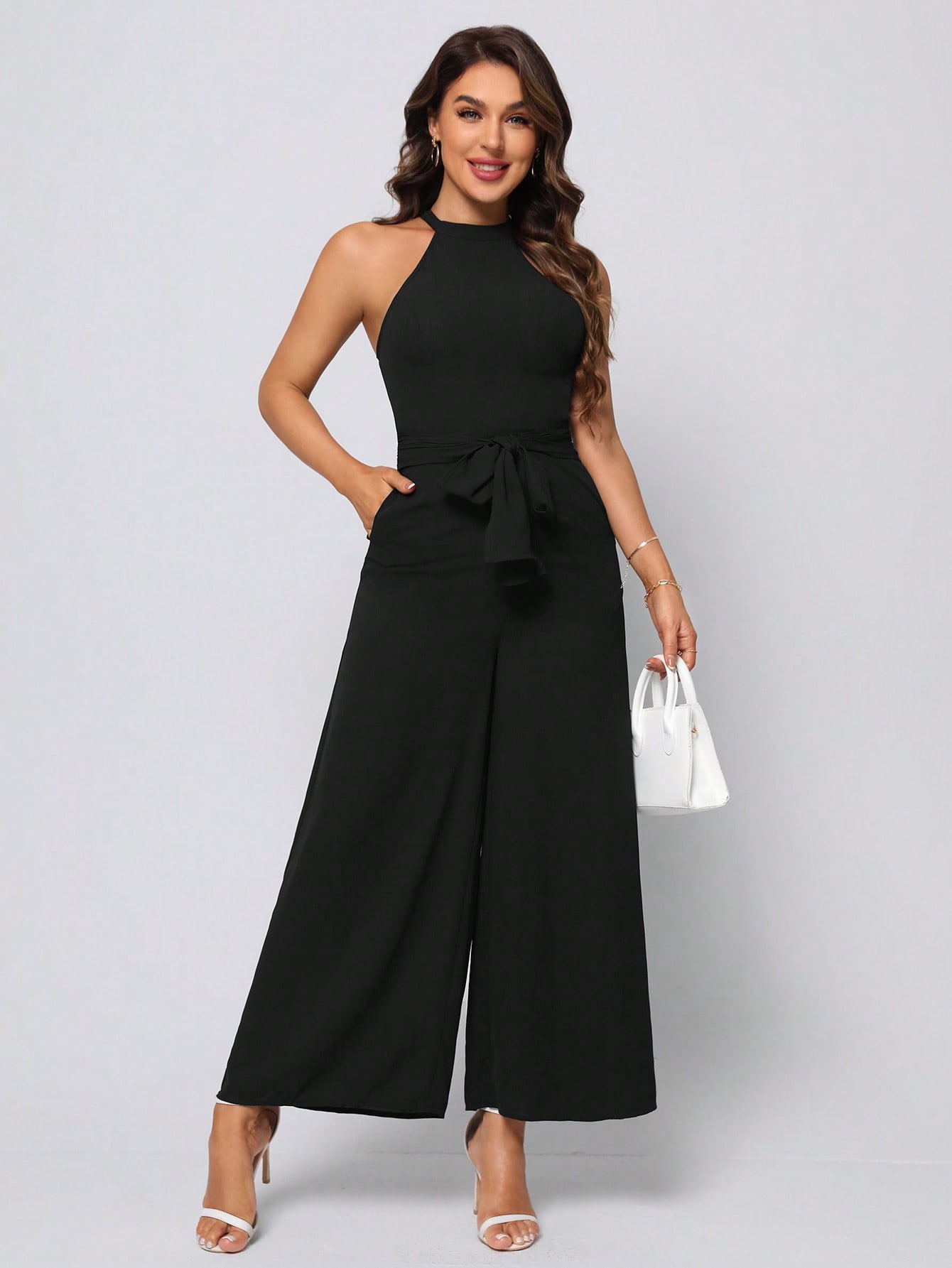 Shein Clasi Solid Belted Wide Leg Halter Jumpsuit Shein Usa