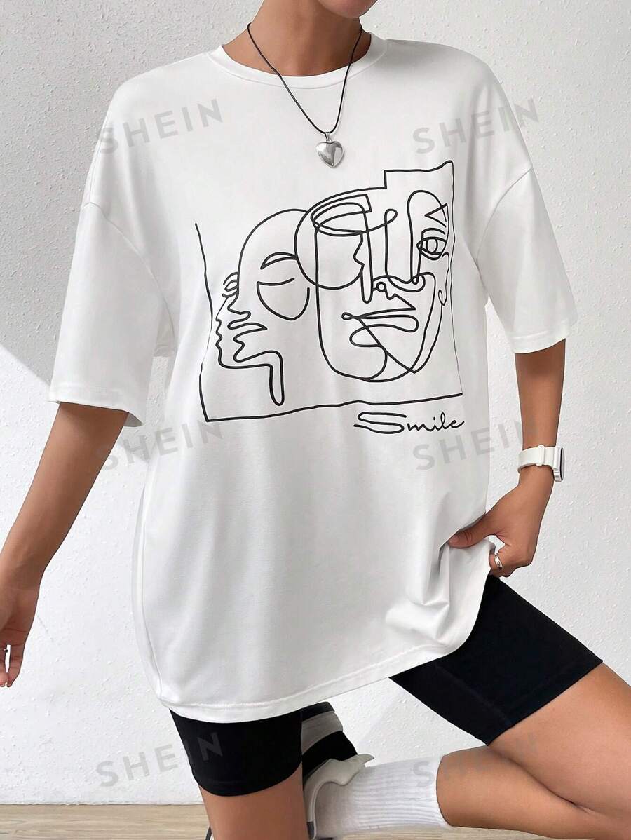 SHEIN EZwear Summer White Y2k Abstract Figure Graphic Drop Shoulder Tee ... SHEIN EZwear Summer White Y2k Abstract Figure Graphic Drop Shoulder Tee ...