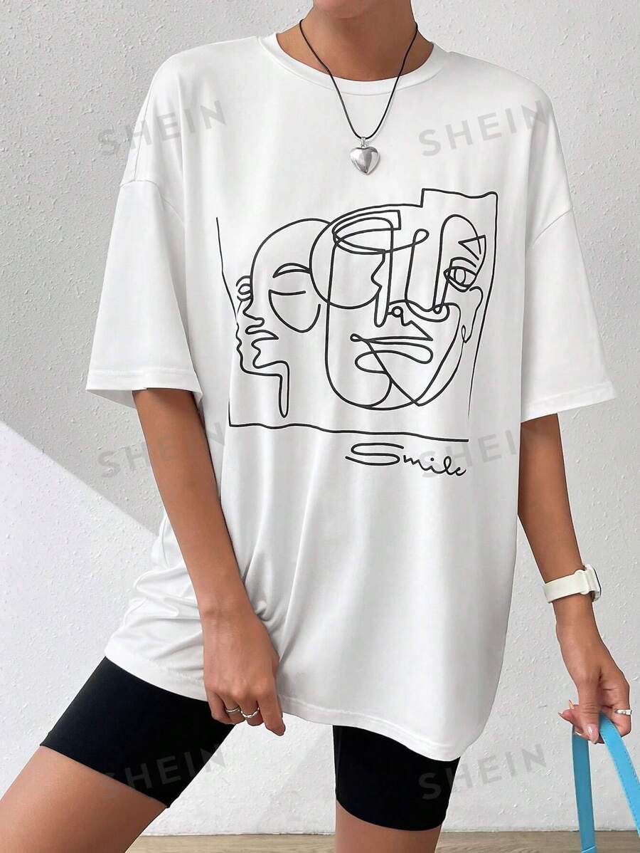SHEIN EZwear Summer White Y2k Abstract Figure Graphic Drop Shoulder Tee ...