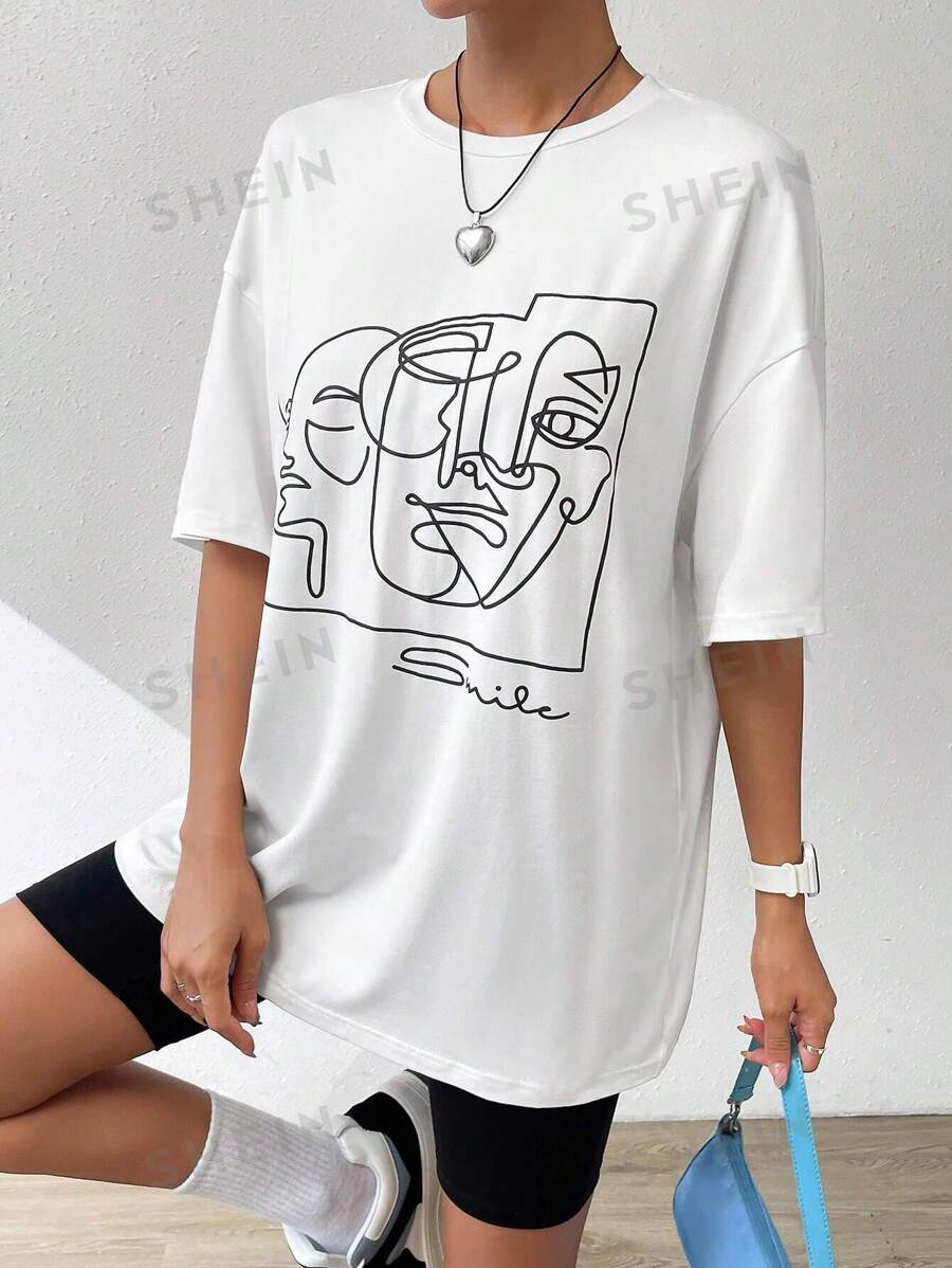 SHEIN EZwear Summer White Y2k Abstract Figure Graphic Drop Shoulder Tee ...