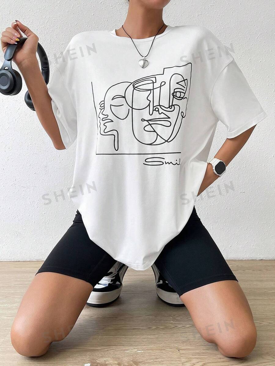SHEIN EZwear Summer White Y2k Abstract Figure Graphic Drop Shoulder Tee ...