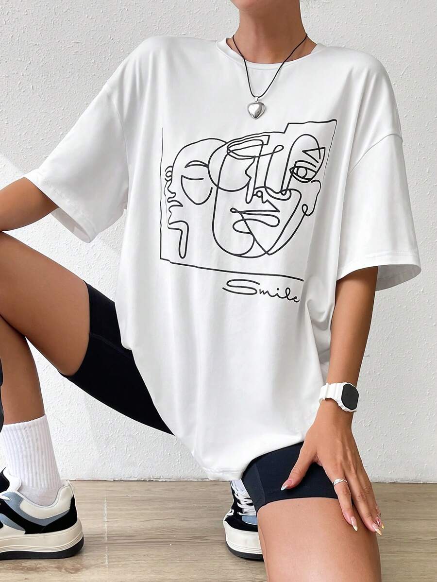 SHEIN EZwear Summer White Y2k Abstract Figure Graphic Drop Shoulder Tee ...