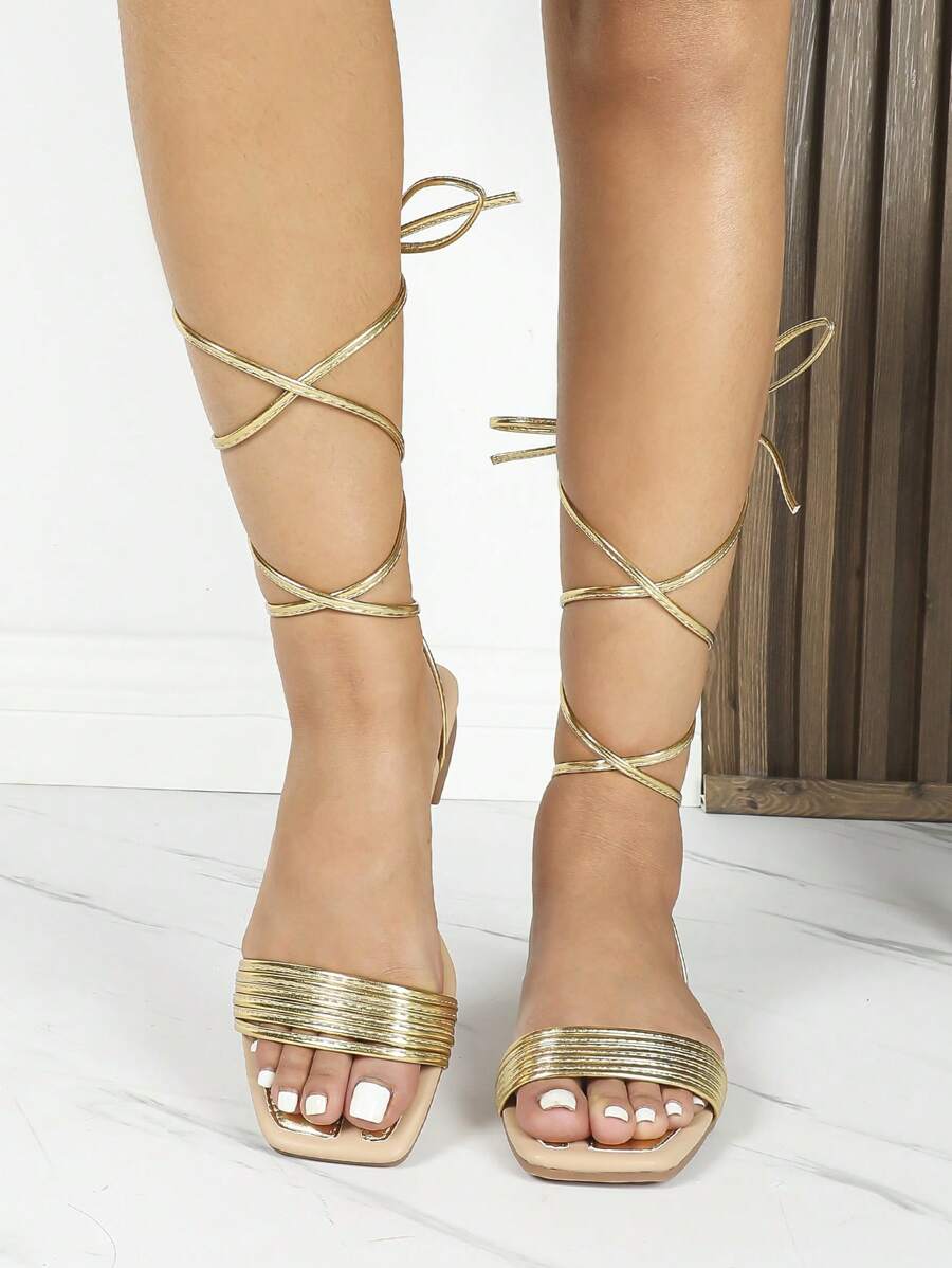 Glamorous Gold Sandals For Women, Metallic Tie Leg Design Strappy ...