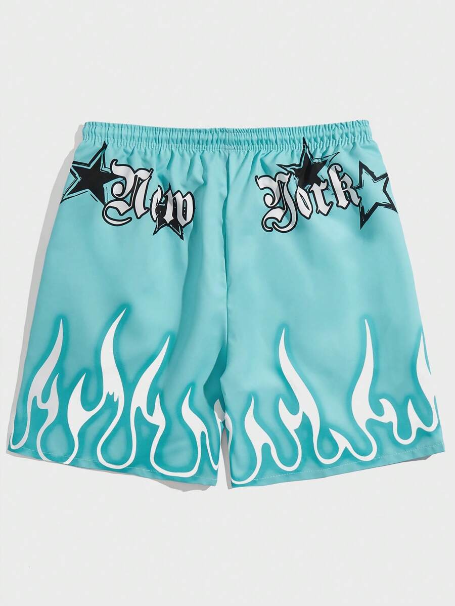 Romwe Street Life Men Fire And Letter Graphic Drawstring Waist Shorts