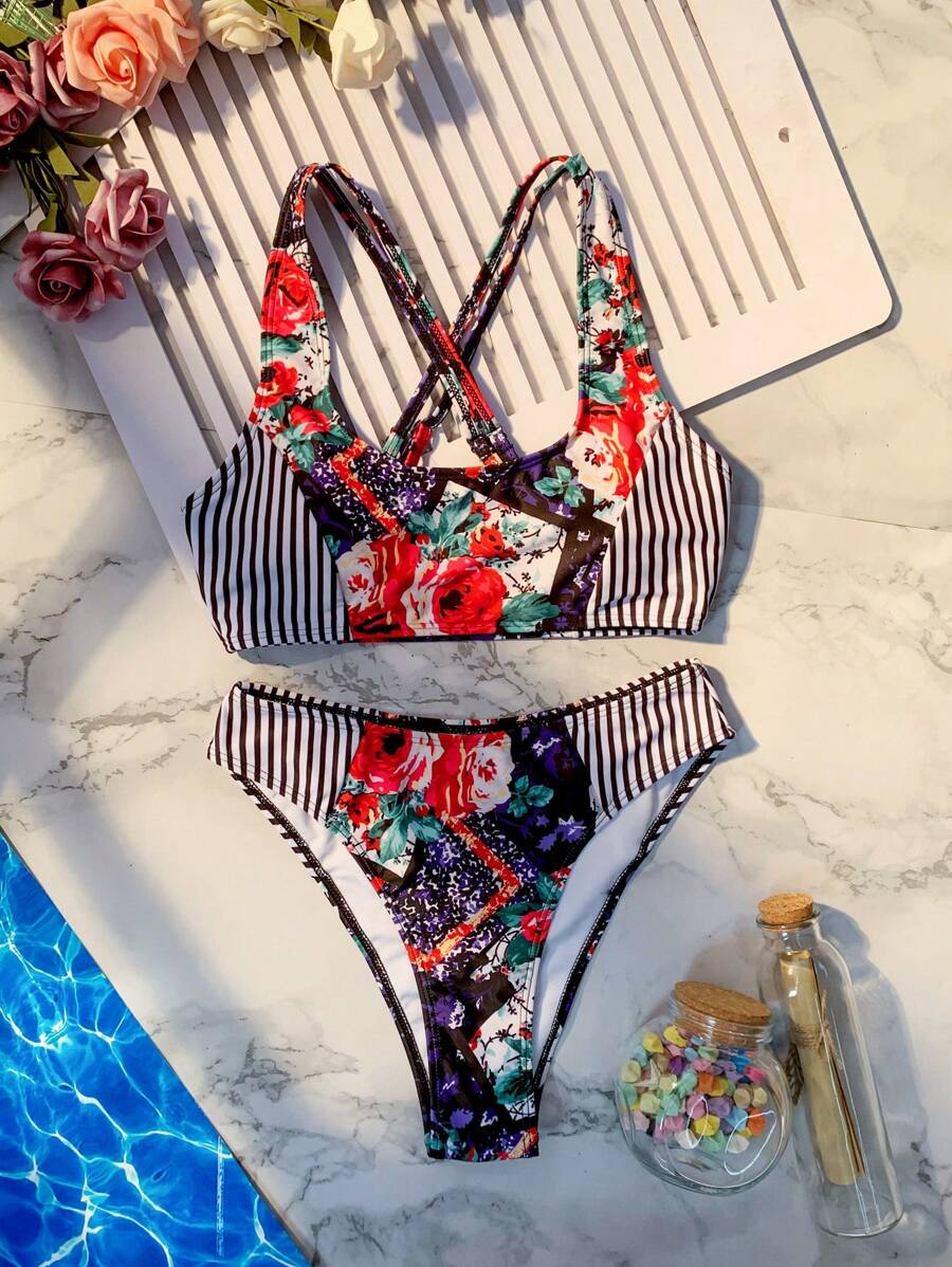 Shein Swim Vcay Floral And Striped Print Criss Cross Bikini Set Shein Uk