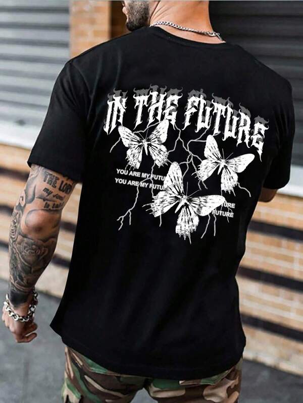 Manfinity EMRG Men Slogan & Butterfly Print Drop Shoulder Tee | SHEIN USA