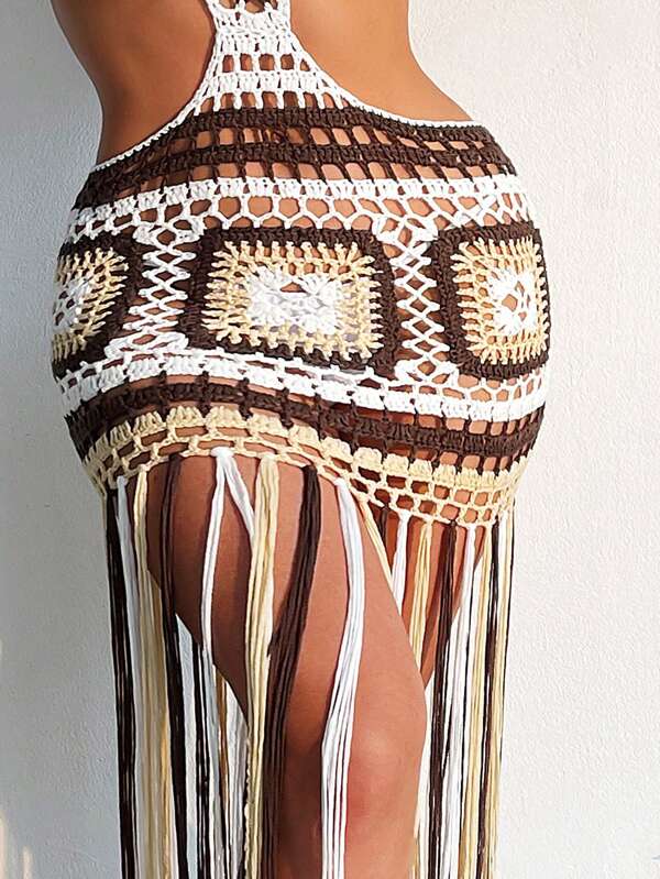 Shein Swim Bohofeel Fringe Hem Crochet Halter Neck Backless Cover Up