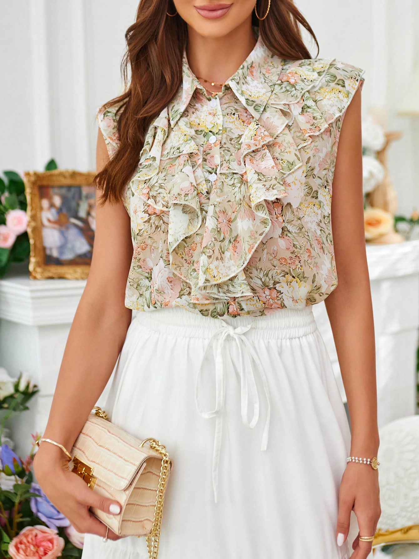 Allover Floral Print Ruffle Trim Button Front Shirt Shein Usa
