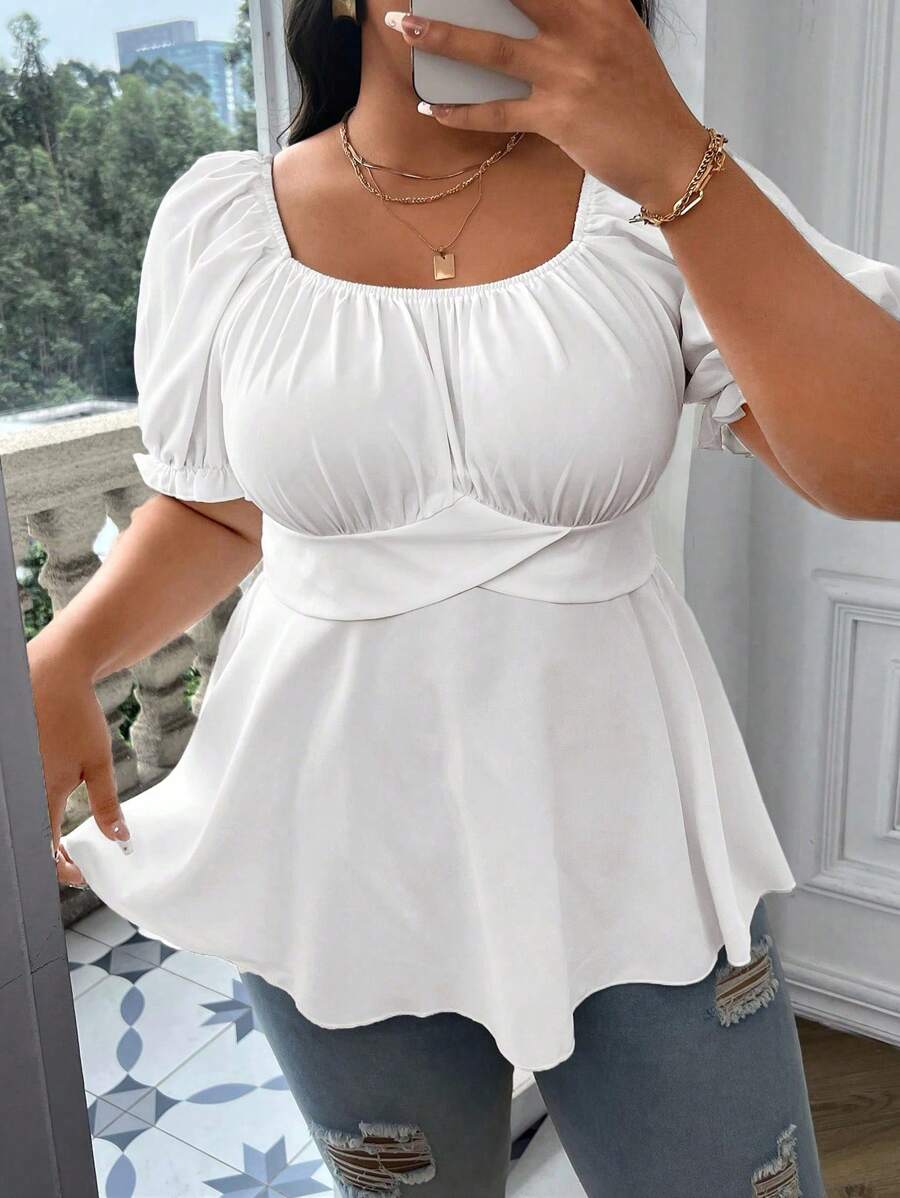 SHEIN Clasi Plus Puff Sleeve Peplum Blouse | SHEIN USA