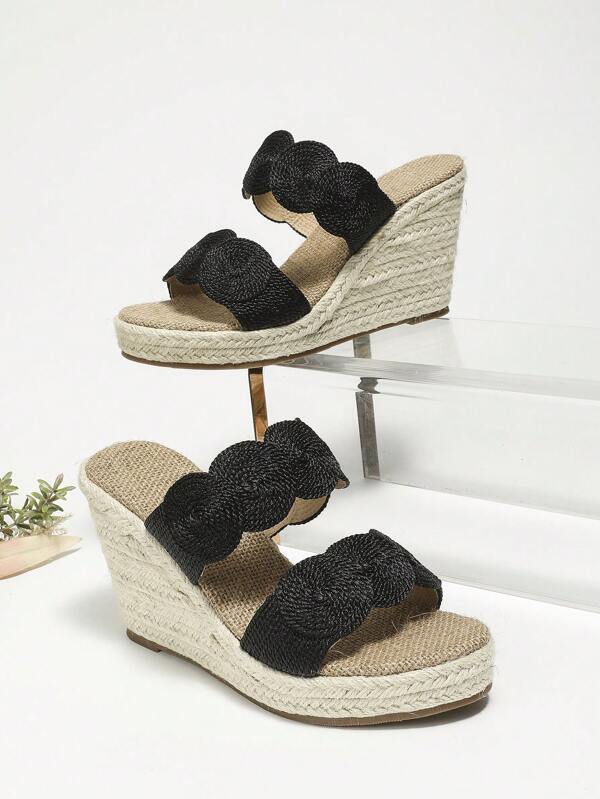 Women Braided Detail Double Band Wedge Slide Sandals, Vacation Outdoor ...