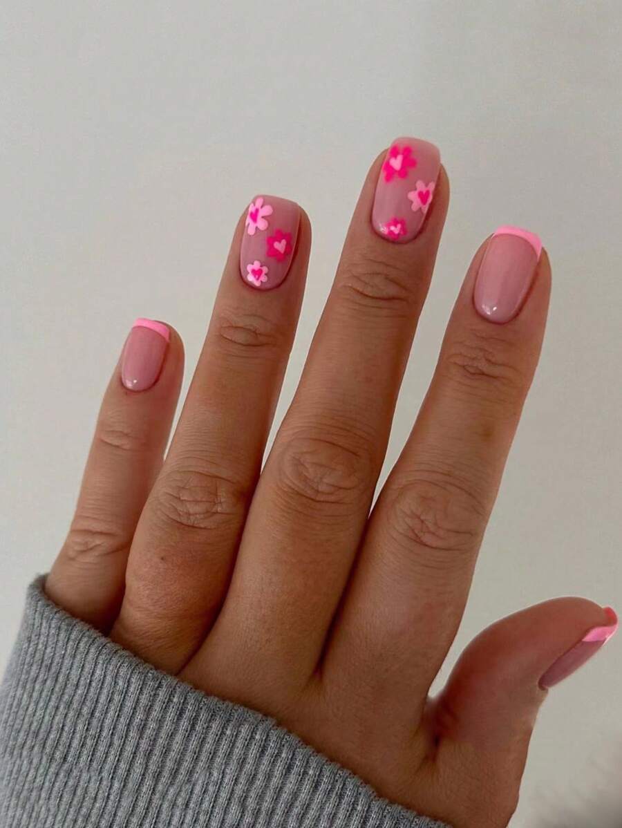 24pcs Long Square Neon Pink Flower Print Fake Nail & 1pc Nail File ...