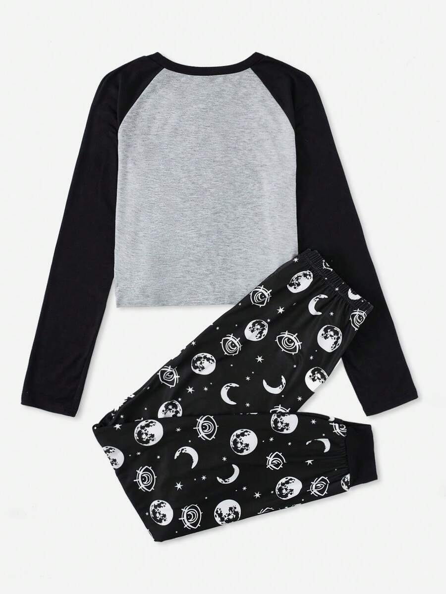 ROMWE Goth Plus Size Women's Raglan Long Sleeve Sleepwear Set With ...