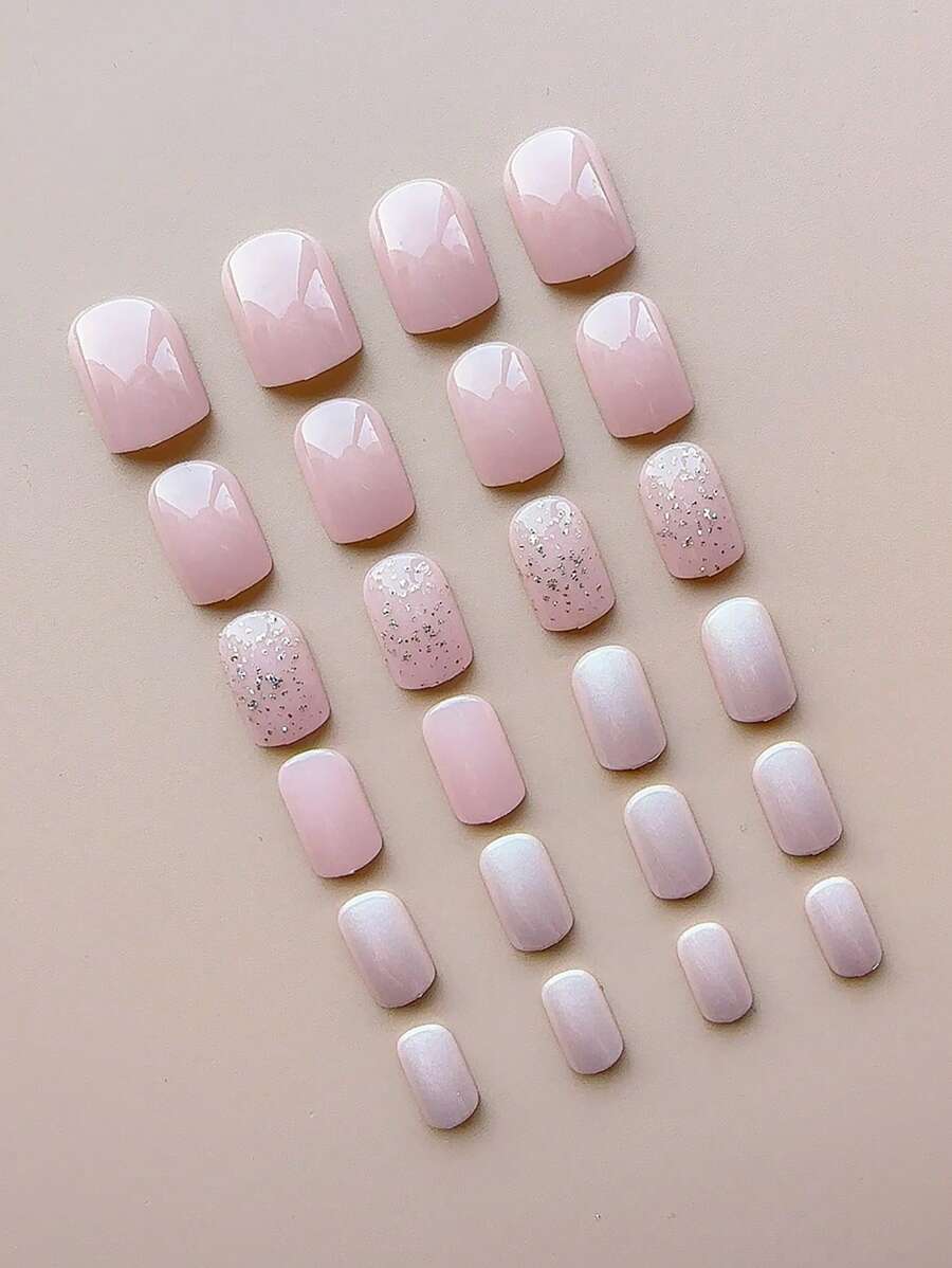 24pcs Short Square Glitter Fake Nail & 1sheet Tape & 1pc Nail File ...