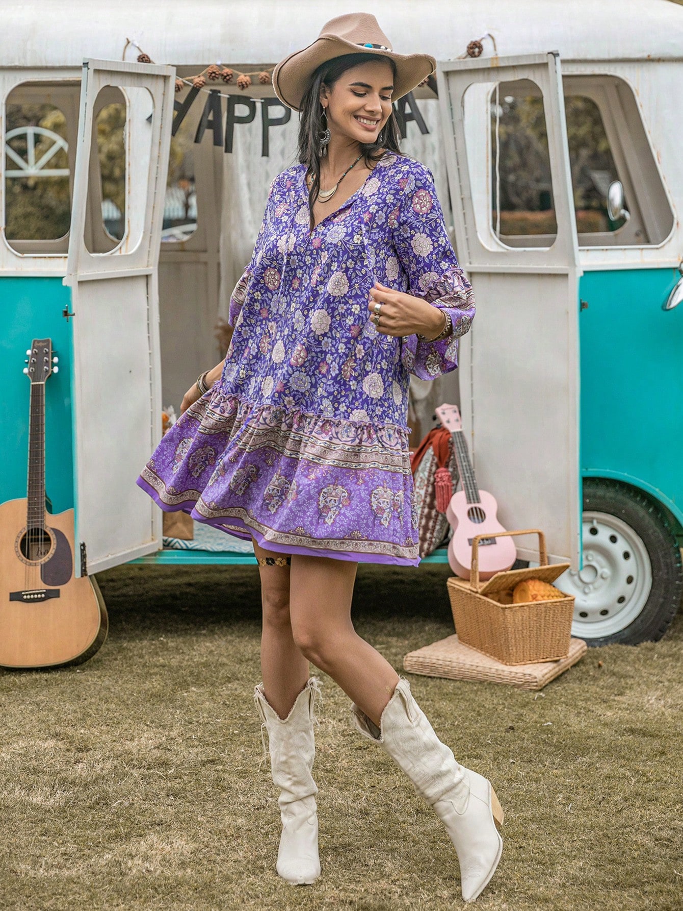 Rusttydustty Floral Print Flounce Sleeve Ruffle Hem Smock Dress | SHEIN USA