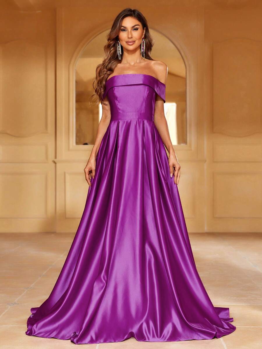 Off Shoulder Fold Pleated Satin Formal Gown | SHEIN USA