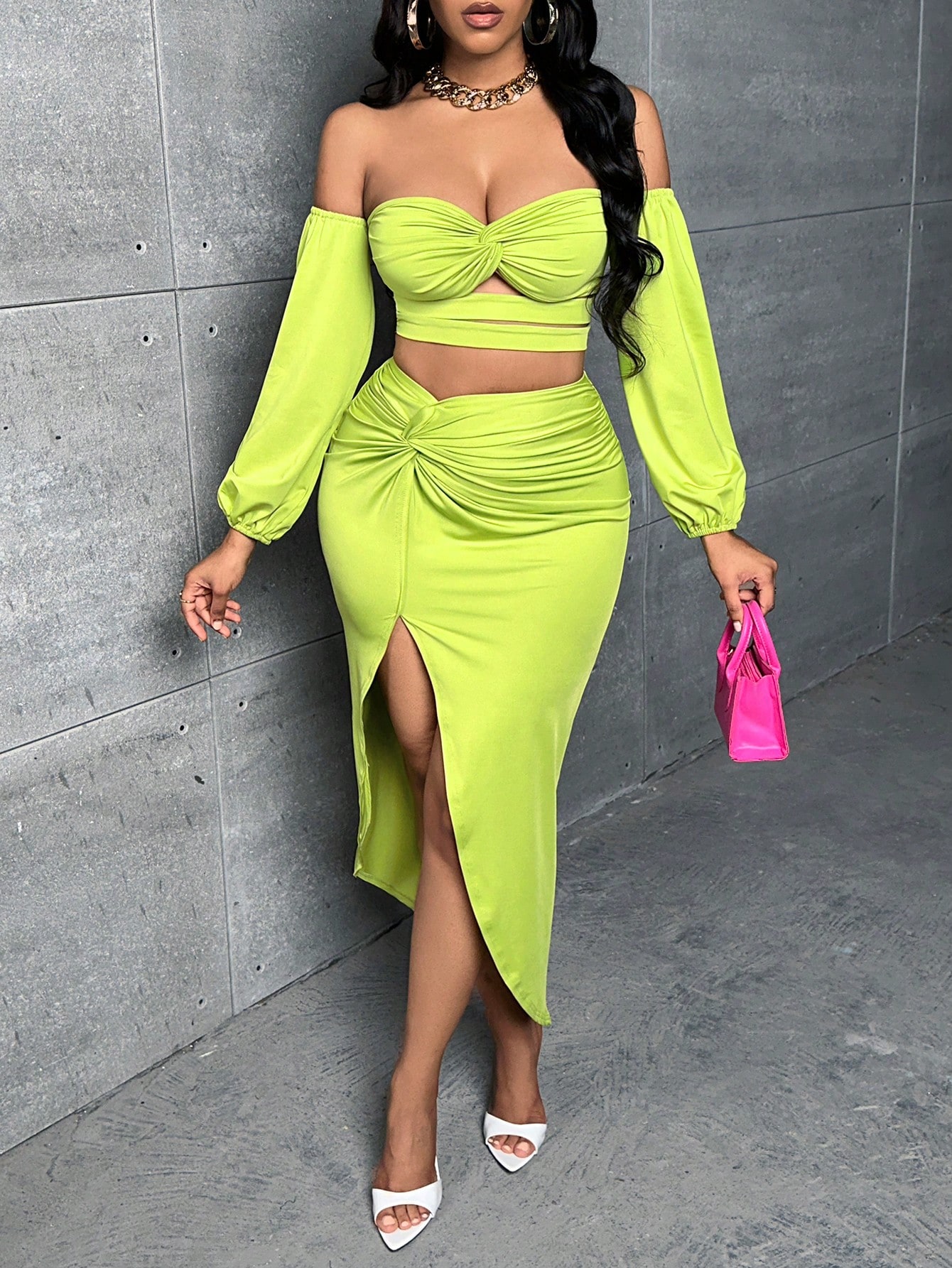 Shein Sxy Off Shoulder Twist Front Crop Top And Split Thigh Skirt Shein Usa